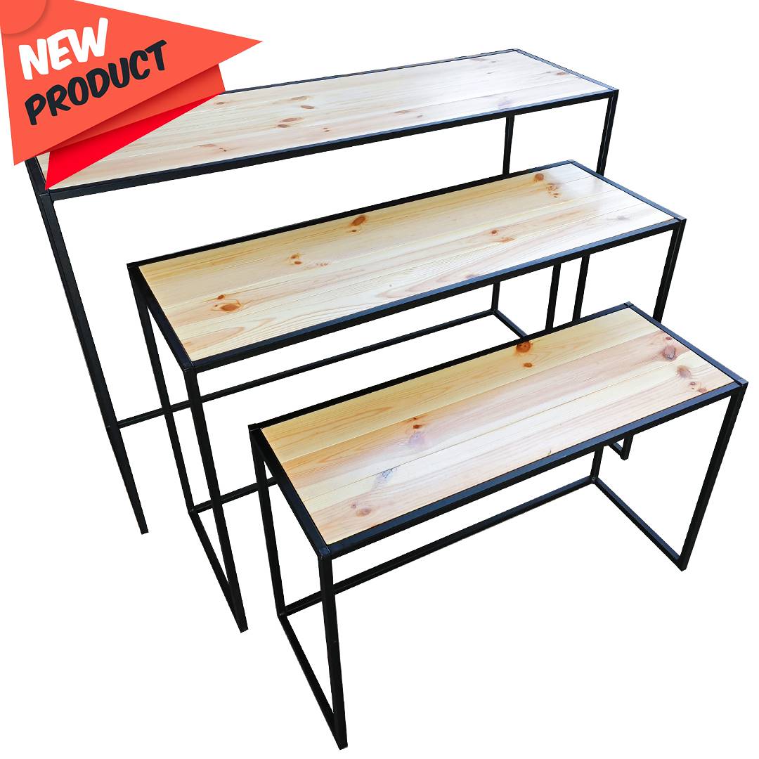 Natural wood coffee table set with black iron frame, Box: 6 units