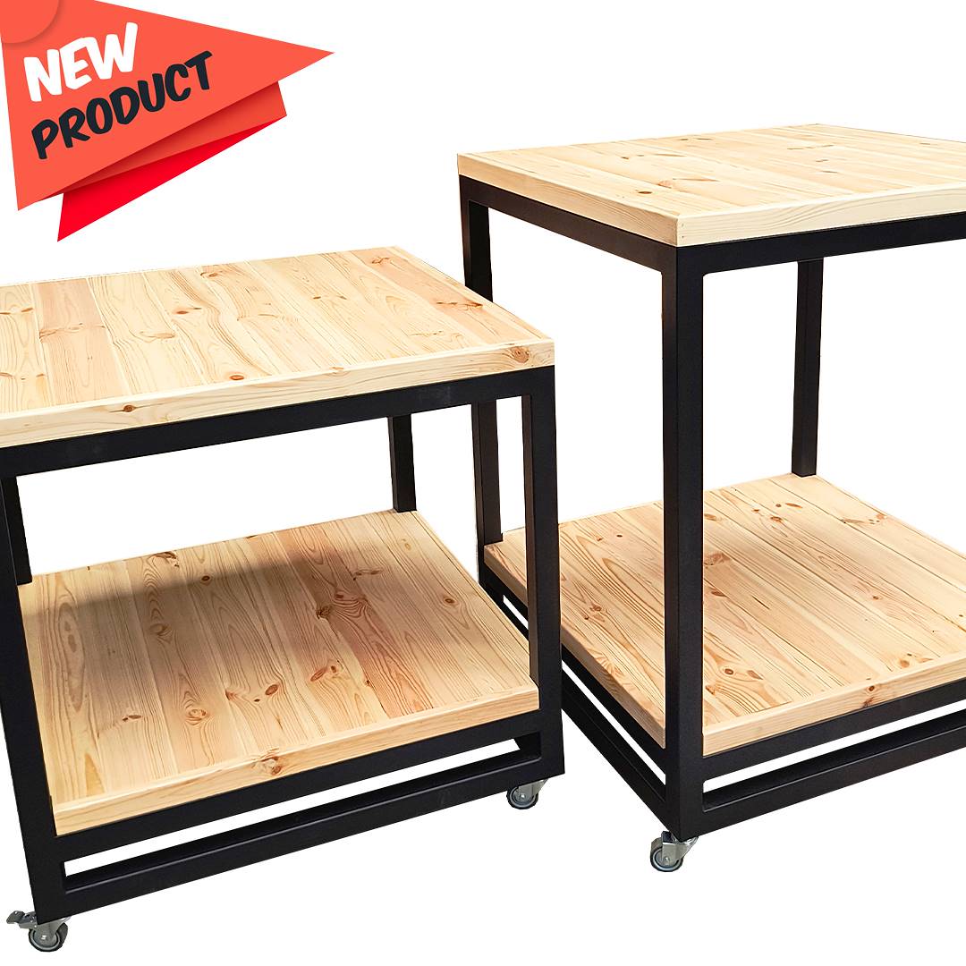 table with two wood shelves on wheels